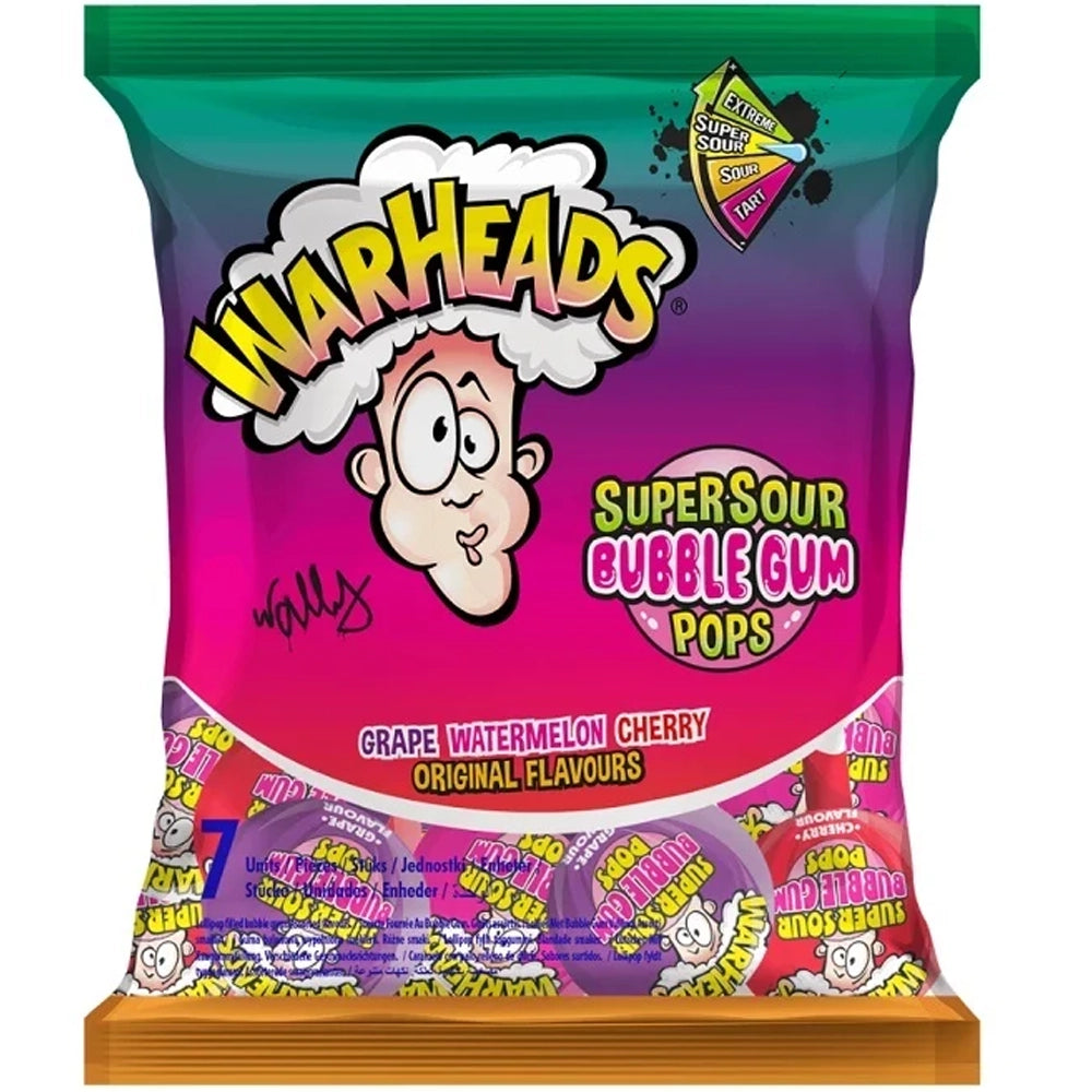 Warheads Super Sour Bubble Gum Pops Assorted Flavours 105g – Snackje